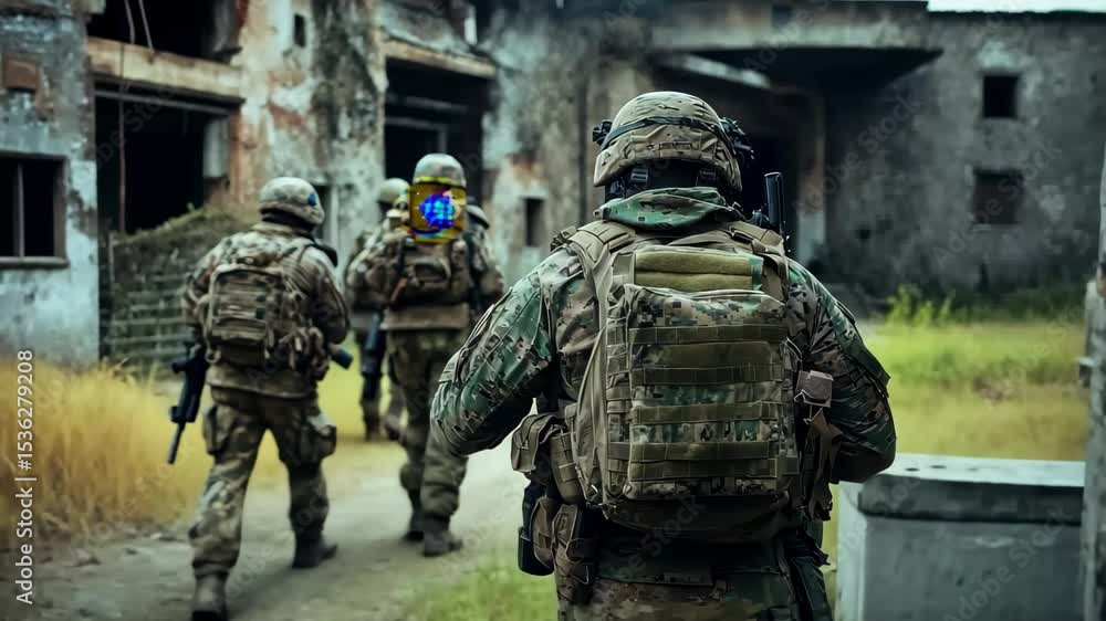 Special forces soldiers navigate through a war torn urban environment ...