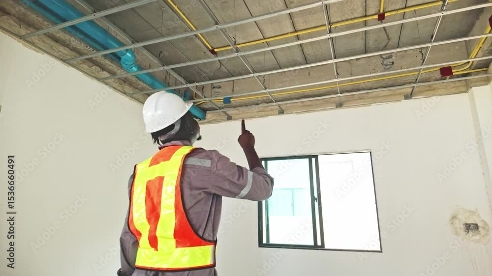 Construction worker wearing safety gear inspects exposed ceiling wiring ...