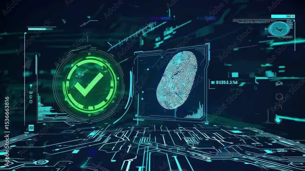Futuristic digital environment featuring fingerprint authentication ...