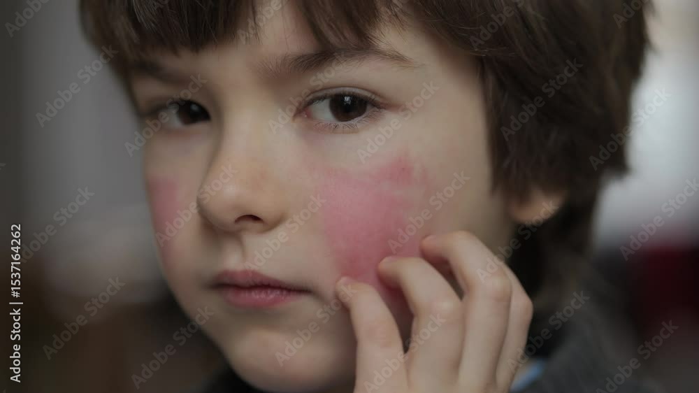 Child Scratching Red Rash on Face. Boy Scratches Atopic Skin ...