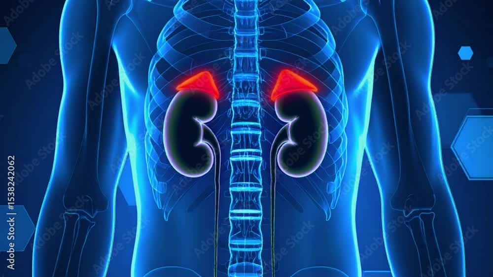 3D medical animation of adrenal glands above kidneys, showing ...