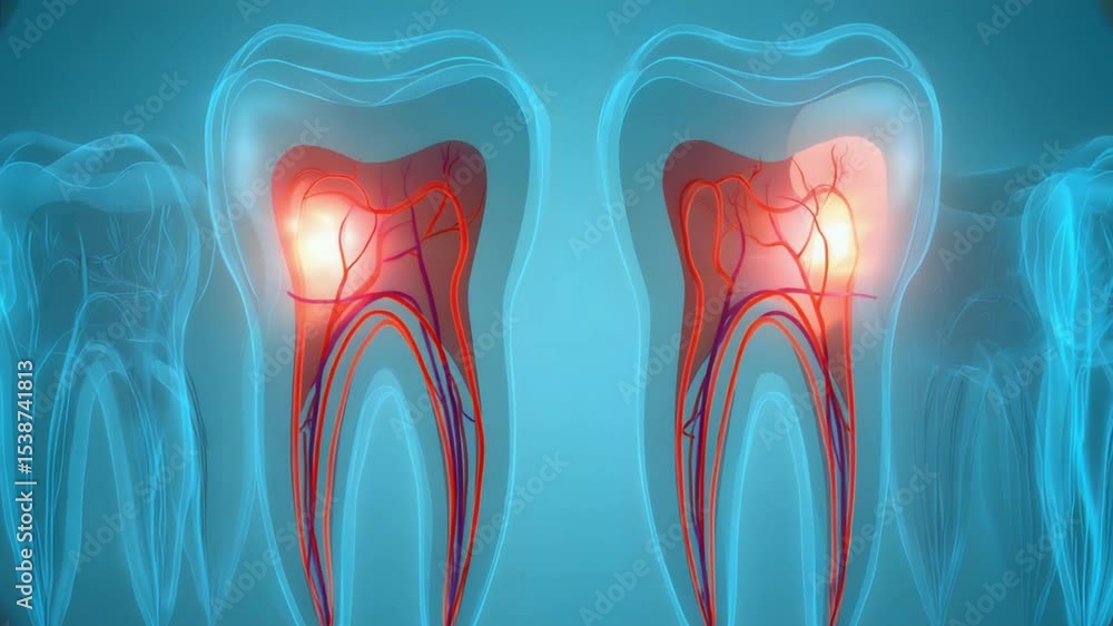 Illustration of several teeth with visible roots and nerves on a blue ...