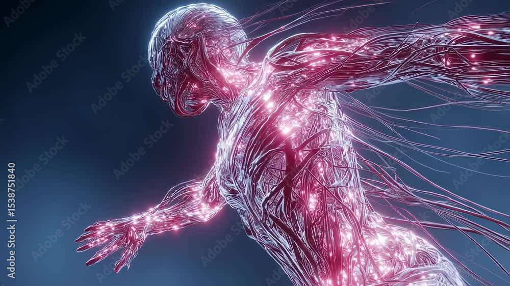 Glowing pink fascia unraveling during running, revealing intricate ...