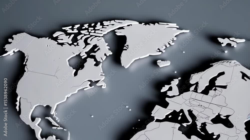 Stylized world map with raised continents, grey monochrome background ...