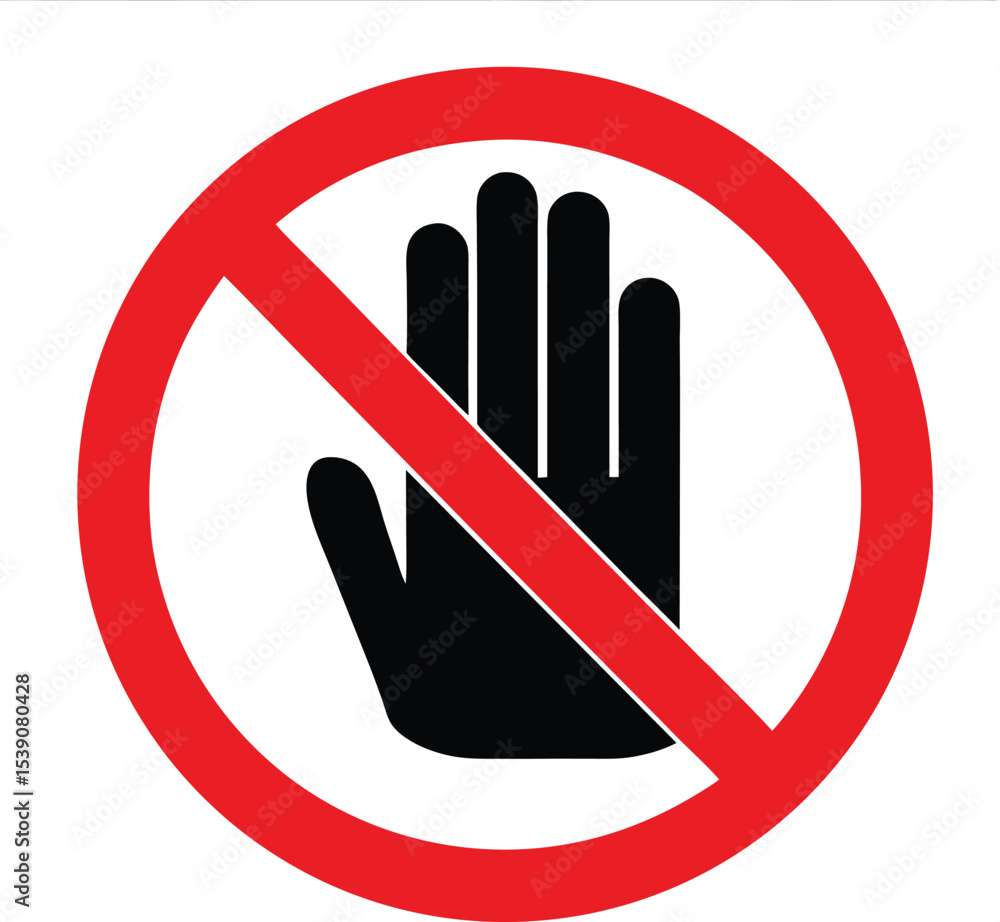 Poster NO ENTRY sign. Stop palm hand icon in crossed out red circle ...