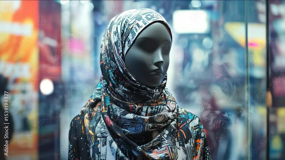 A woman in a hijab and a jacket stands against the background of street ...