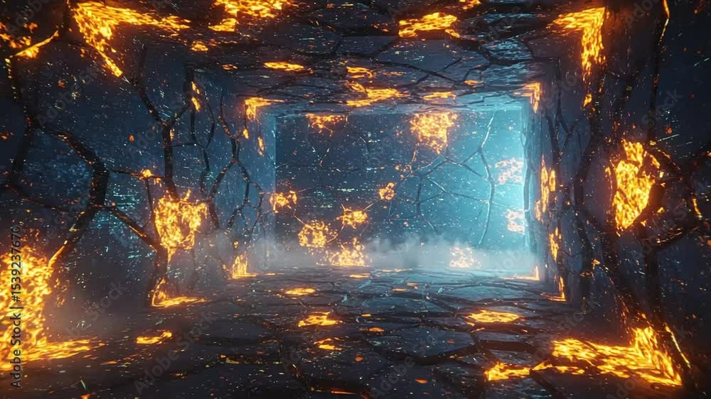 Infernal Portal: A fiery gateway with glowing blue entrance in a dark ...