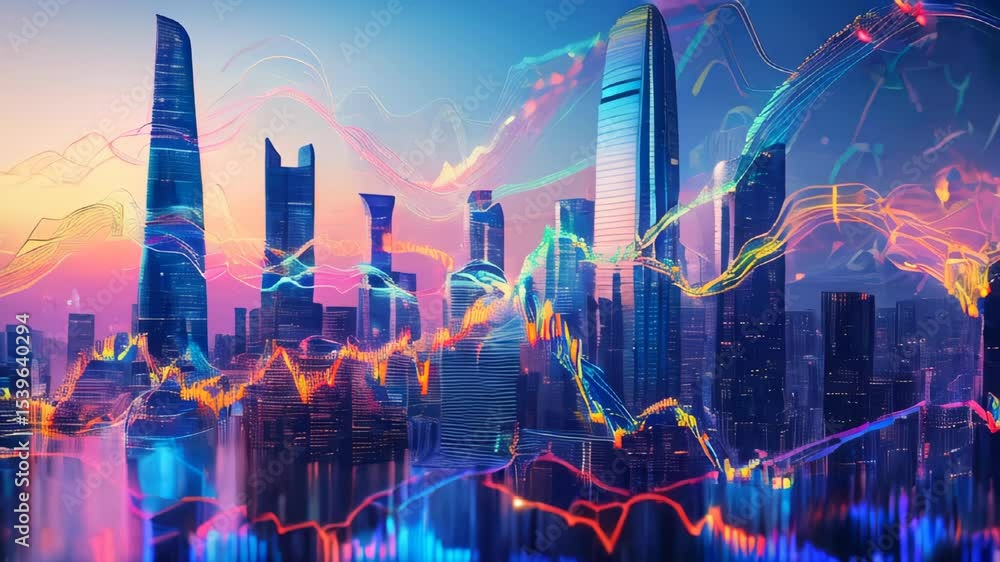 video of Acceleration of construction pace. Rising chart near buildings ...