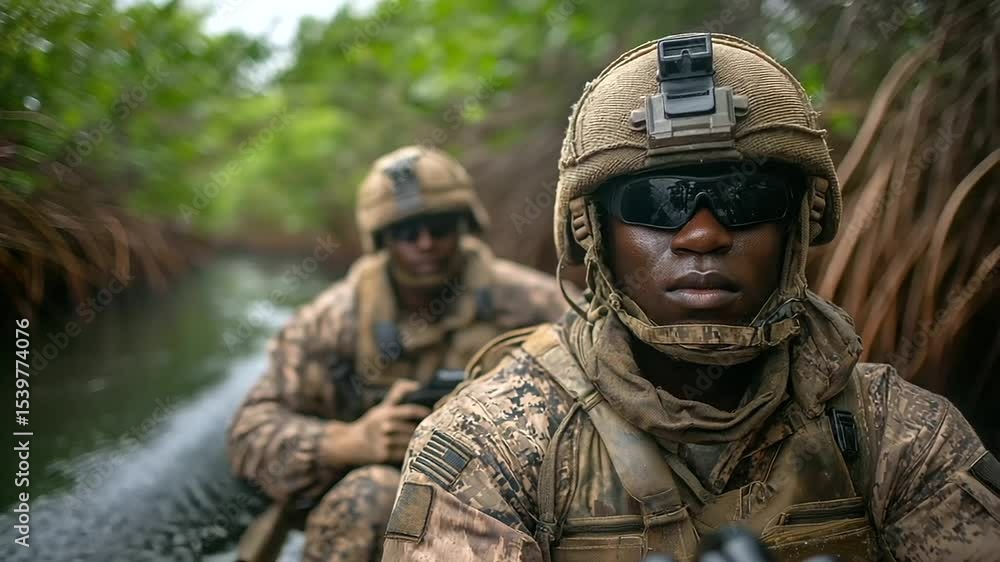 Soldiers on Patrol in Mangrove Swamps with Commander Using Binoculars ...