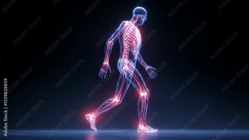 Transparent human skeleton demonstrating walking motion, revealing ...