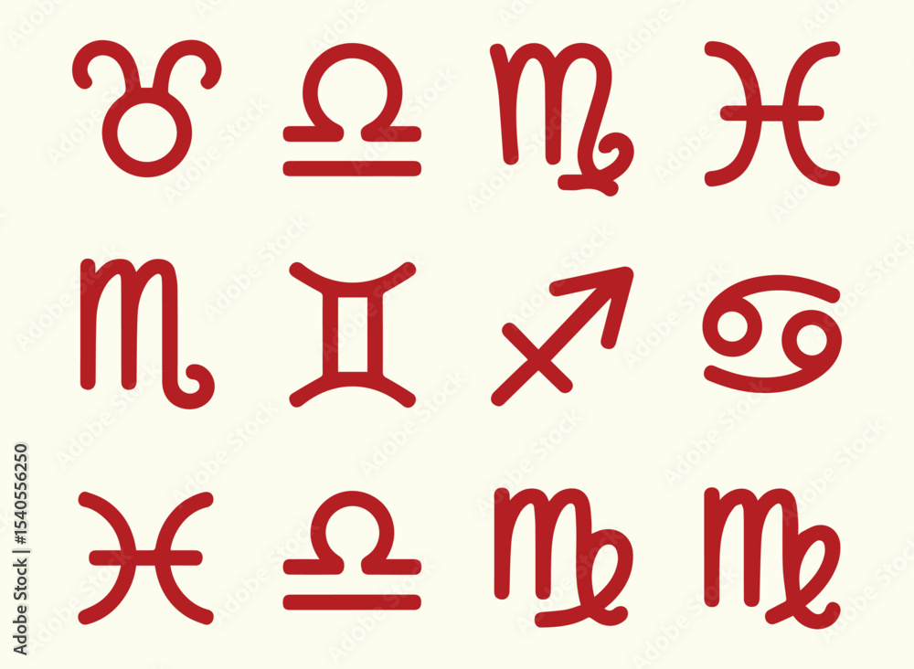 Poster Twelve zodiac signs in red isolated on white background – Wall ...