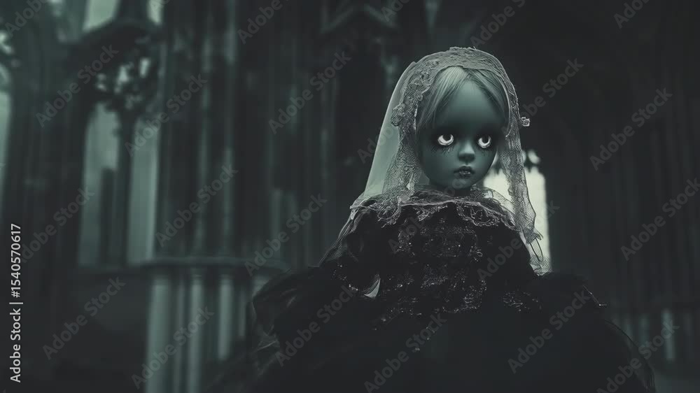 Pale gothic horror doll wearing dark veil standing motionless within ...