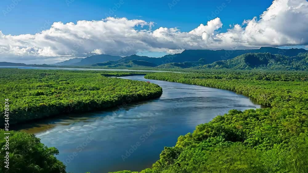 Lush mangroves and flowing rivers in Daintree conservation area under ...