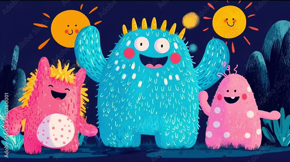 Three colorful animated monsters dance joyfully in a whimsical night ...