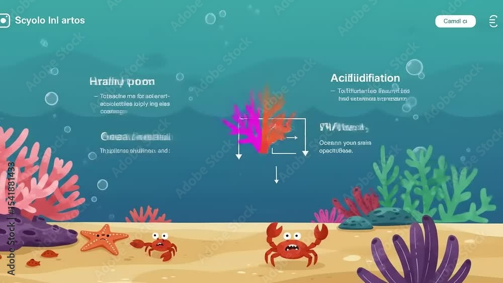 Underwater scene illustrating ocean acidification effects with marine ...