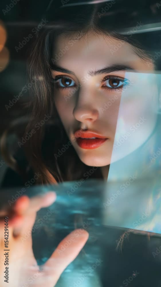 A woman is looking at a reflection of herself in a mirror. The ...