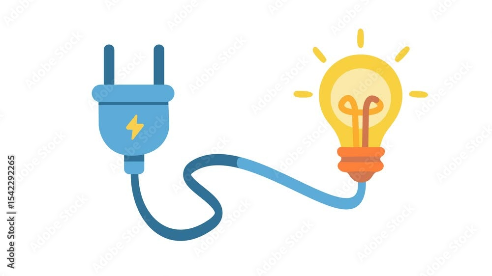 Electricity plug and light bulb logo in cartoon animation. Power source ...