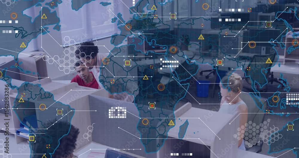Coworkers typing in office launching animated global data visualization ...