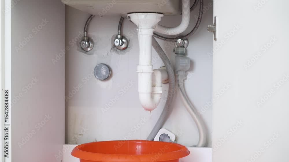 Footage of a persistent leak from a small pipe under the sink, forming ...
