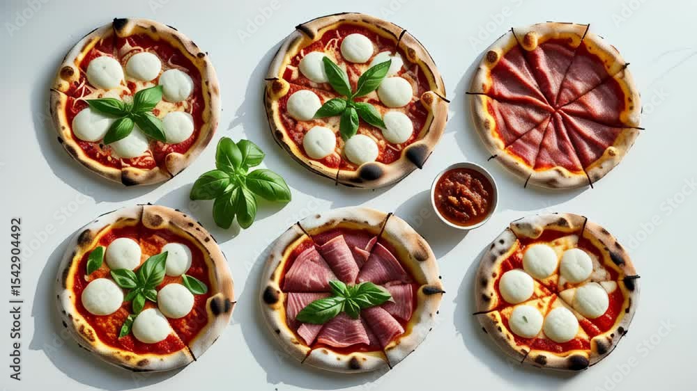 video of Six varieties of pizza featured on the menu, embodying the ...