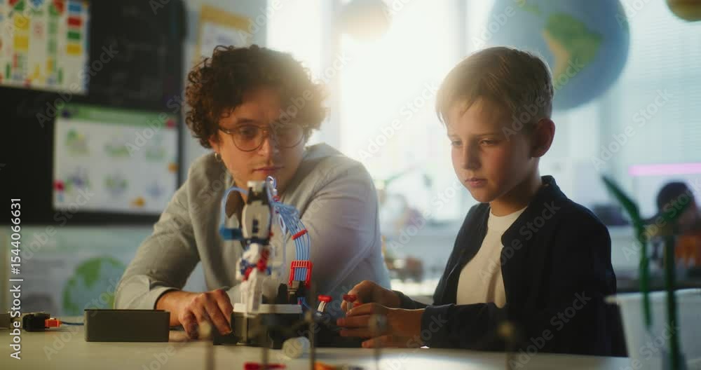 Elementary School Student Studying Model of Innovative Robotic Arm During Science and ...
