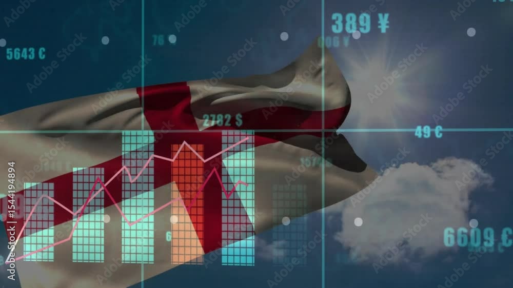 On breeze, English flag waving as bar charts rising and line graphs ...