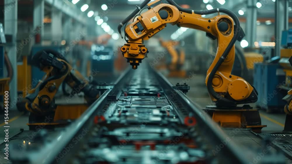 Multiple industrial robotic arms precisely operating on an assembly ...