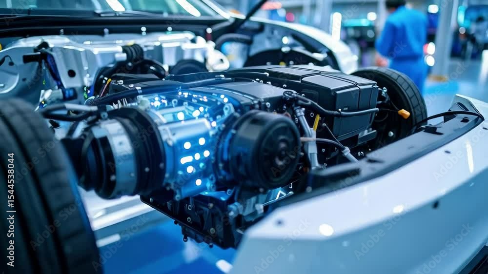 Futuristic electric vehicle engine, glowing blue lights, modern car ...