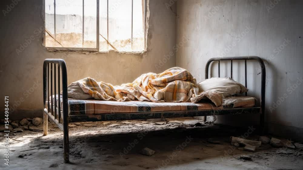 Exploring an abandoned room with a dusty bed and unkempt sheets ...
