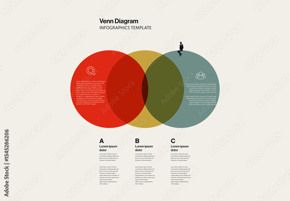 Triple Venn Diagram Horizontal Infographic Template with Minimal ...