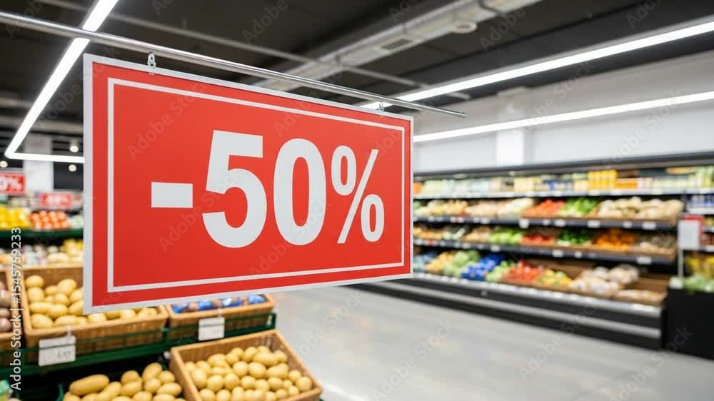 Red Fifty Percent Off Sign Hanging Above Produce Section in Supermarket ...