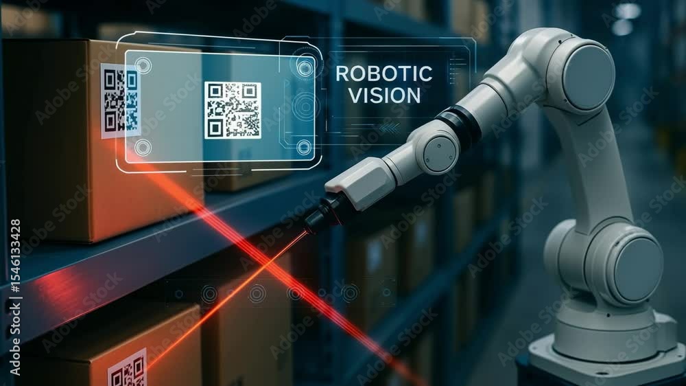 Autonomous robotic arm scanning warehouse packages with laser vision in ...