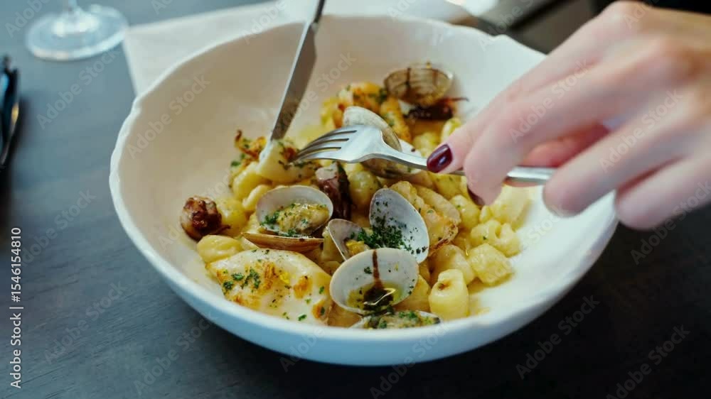 Woman Eating Clam Pasta in a Bowl – Close-Up of Seafood Pasta Dining ...