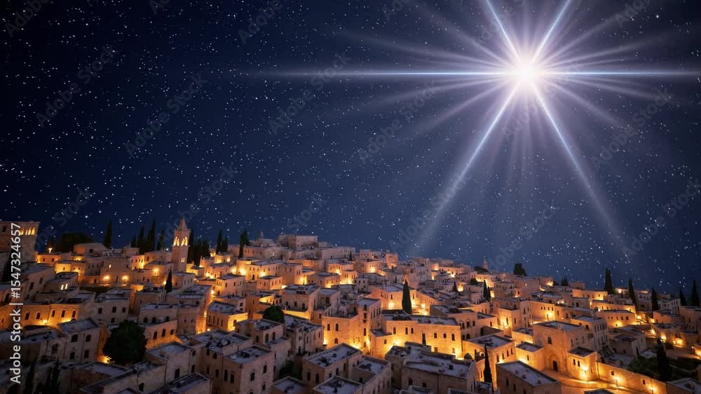 Bright Star of Bethlehem shining over ancient city under starry night ...