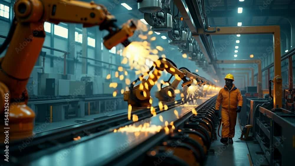 Industrial robot arm malfunctions, causing sparks during assembly line ...