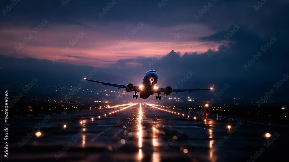 Airplane landing at night a passenger airplane approaches the runway ...