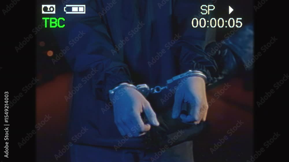 Vintage policeman leading a Handcuffed Hands covert footage with Retro ...
