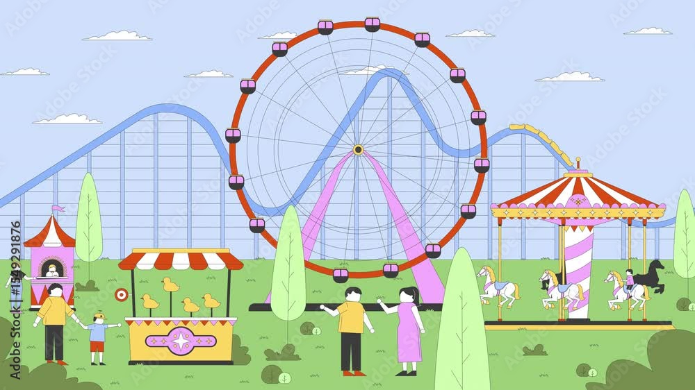 Funfair amusement park 2D cartoon animation. Fairground attractions ...