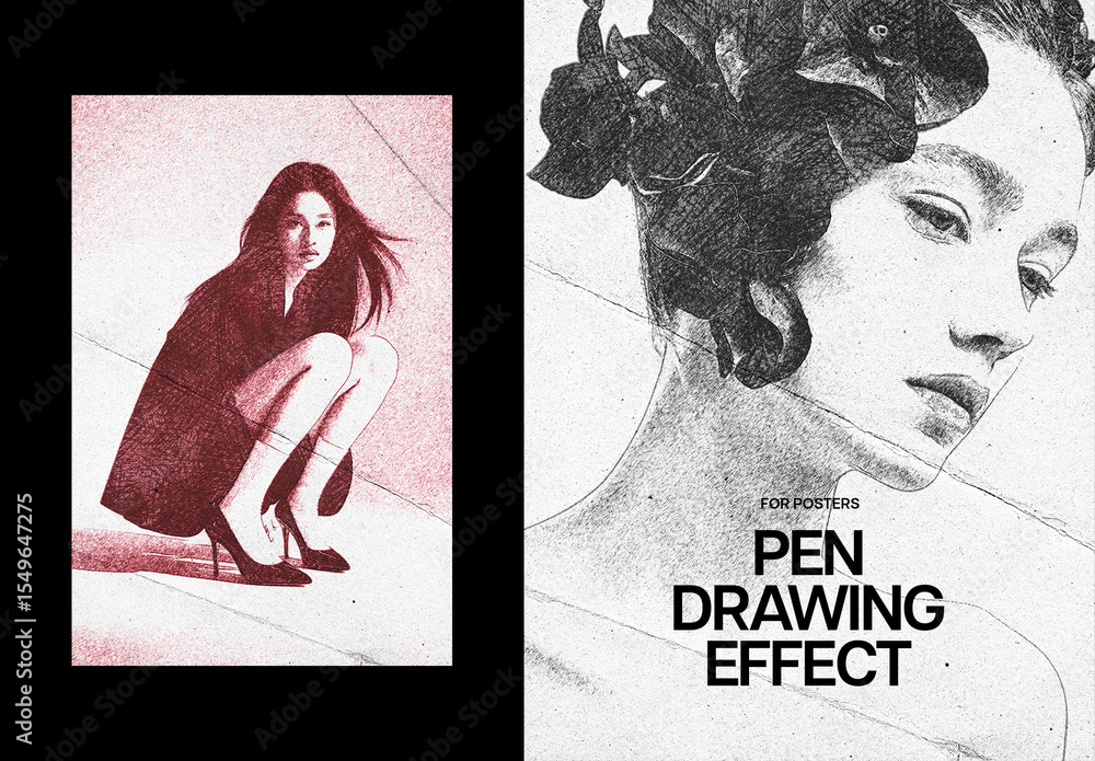 Pen Drawing Poster Photo Effect Mockup Stock Template | Adobe Stock