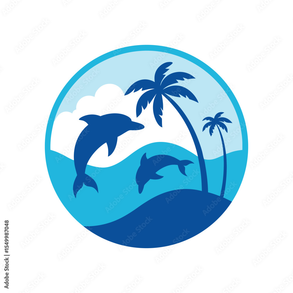 Poster A tropical beach scene inside a circle frame vector art ...