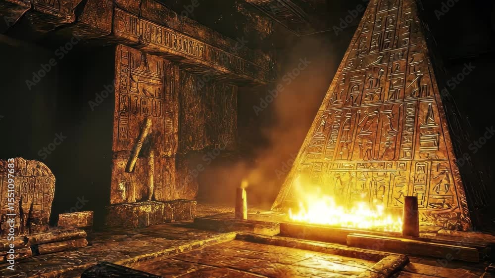Mysterious pyramid chamber with glowing artifacts from Amon Ras in an ...