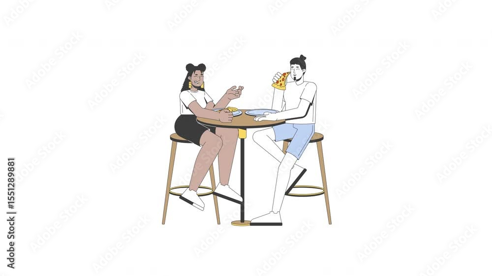 Gen z couple sharing pizza at outdoor table 2D characters animation ...