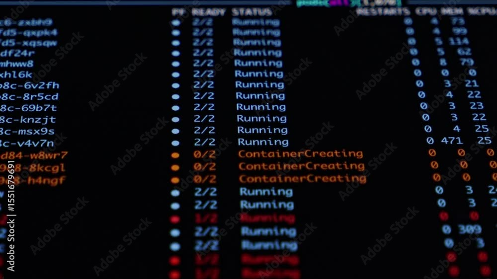 Computer terminal display showing Running and Terminating process ...