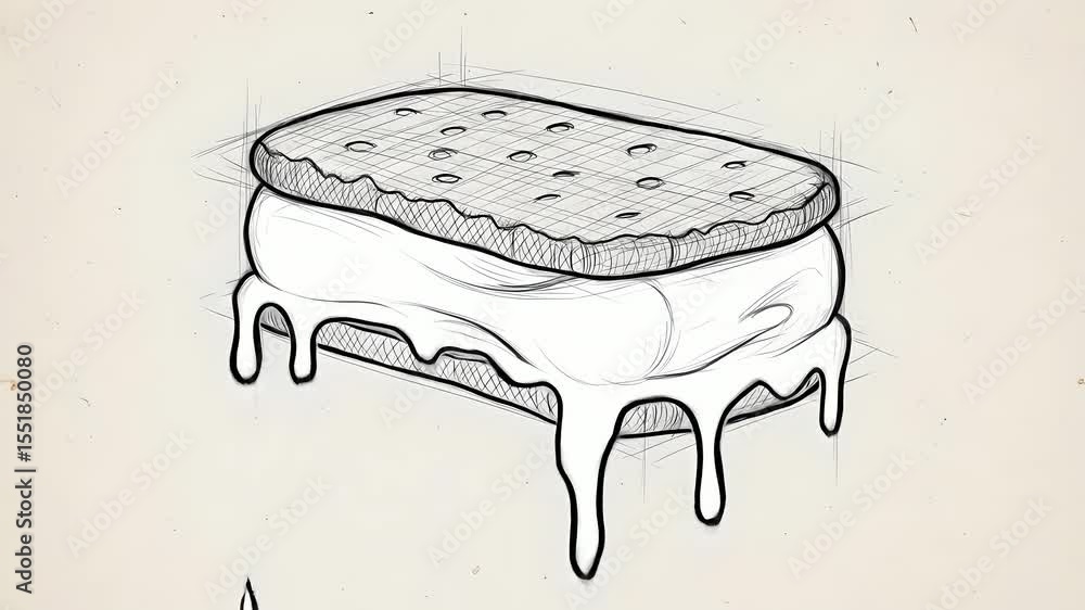 Ice cream sandwich sketch with melting cream. Sweet dessert drawing for ...