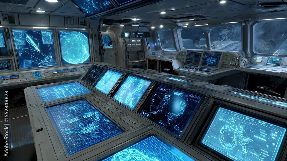 Featuring a dimly lit spaceship control room with multiple monitors ...