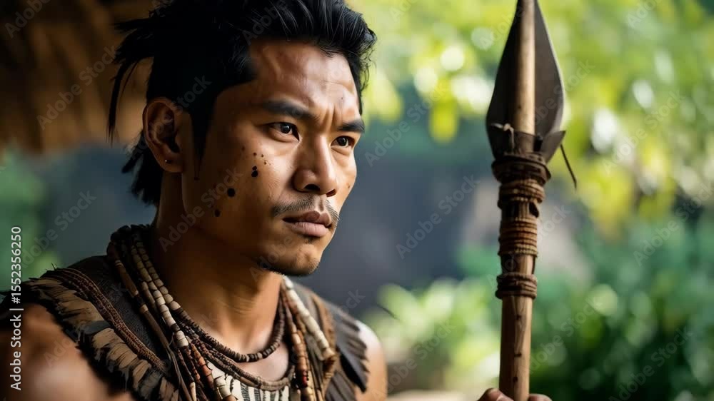 Tribal Warrior Holding Spear in Jungle Environment, Ethnic Attire, Face ...