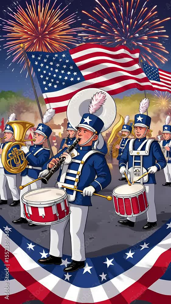 Fourth of July parade with a marching band and fireworks Stock Video ...