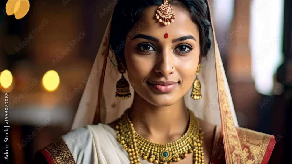 Portrait of a beautiful young South Asian woman in traditional formal attire and gold jewelry ...