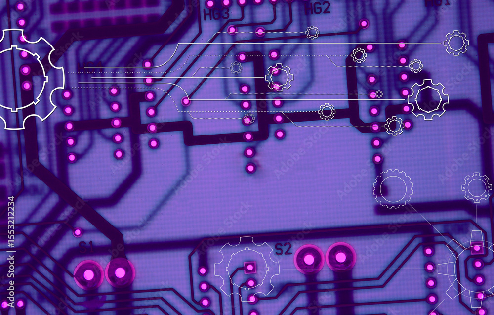 Poster Pattern Of Blue PCB With Mechanical Draw Design of Cogwheels in ...