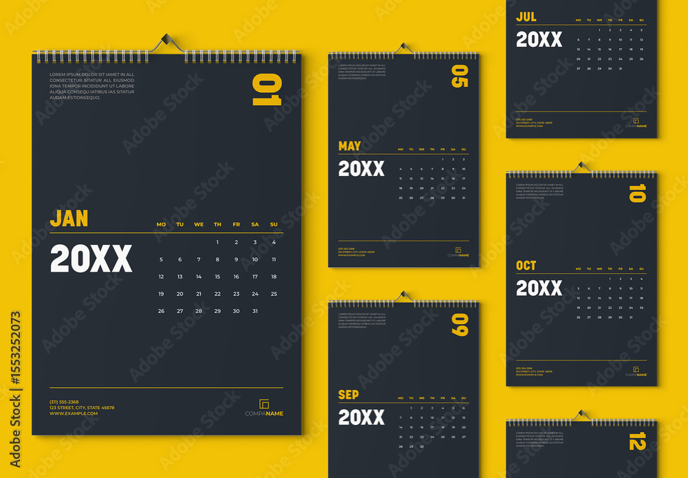 Minimalist Dark Calendar Layout with Yellow Accents Stock Template ...